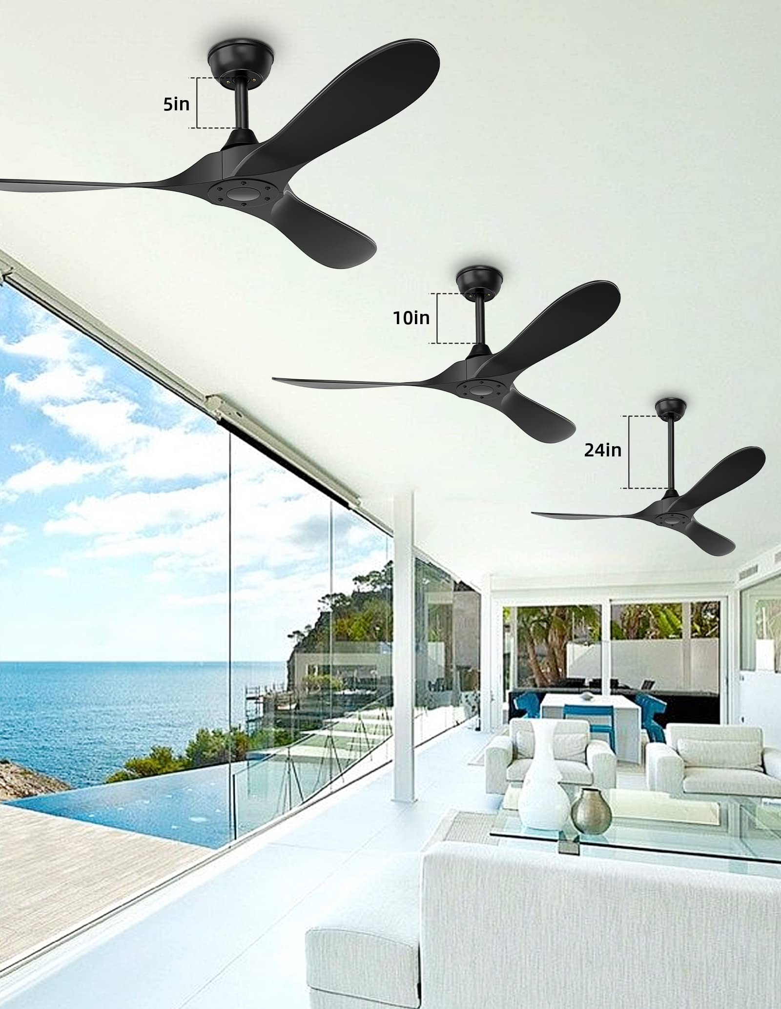 BECLOG Ceiling Fan With Remote Control,Black Indoor & Outdoor Ceiling Fans with Noiseless DC Motor and 3 Downrods.52 inches Ceiling Fans No Lights Plastic Fan Blade