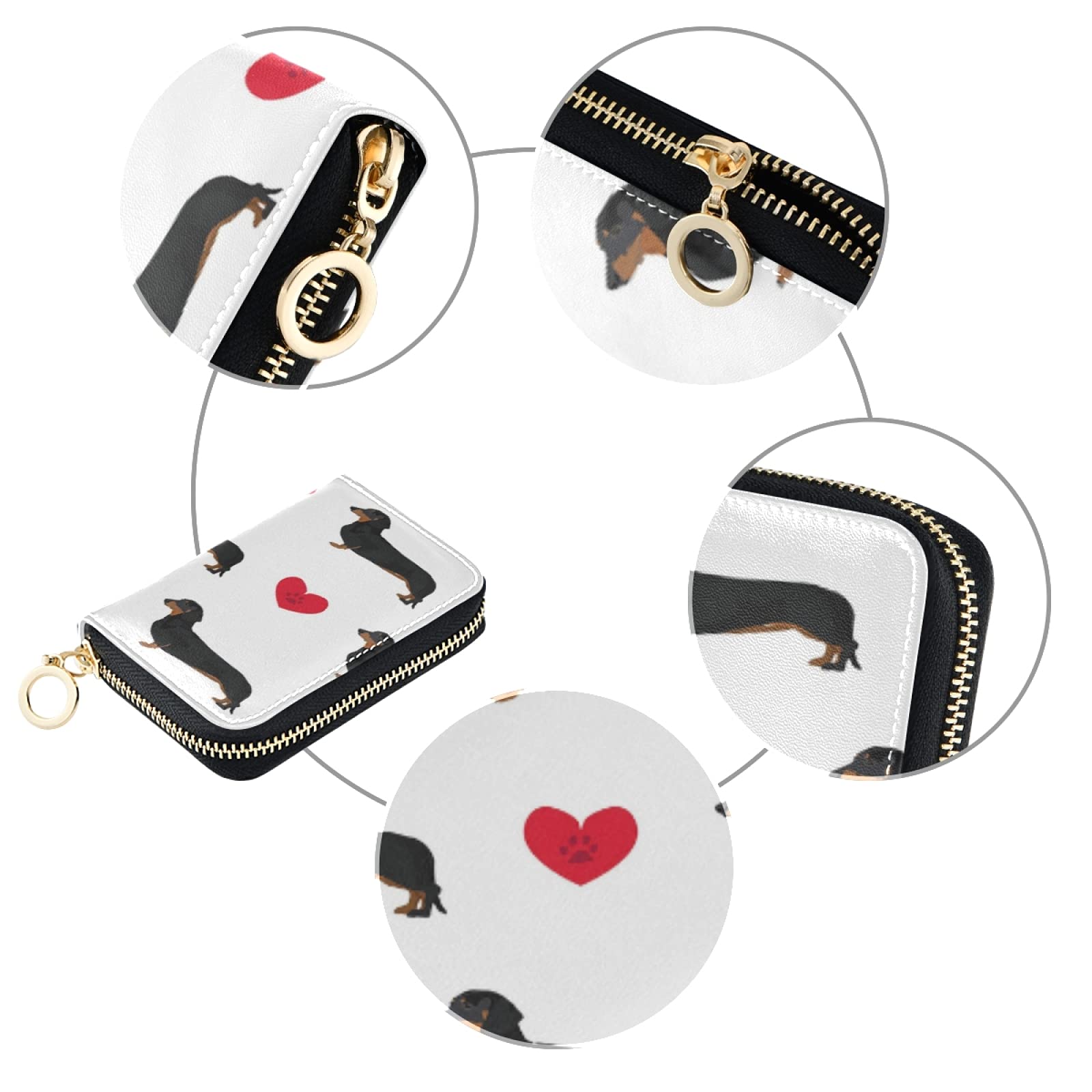Oyihfvs Dachshund Dog Seamless Heart Grey Credit Card Coin wallet, RFID Blocking Compact Women Leather Card Holder, KeyChange Organizer, Zipper Purse Clutch Pouch Pocket, Multicolor, 4.7x3.1x0.8 Inch