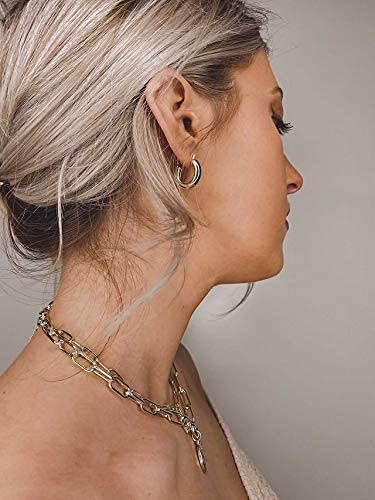 BOUTIQUELOVIN 14K Gold Plated Chunky Hoop Earrings for Women Lightweiht Tube Hoops Hypoallergenic Sterling Silver Post Thick Hoop Earrings