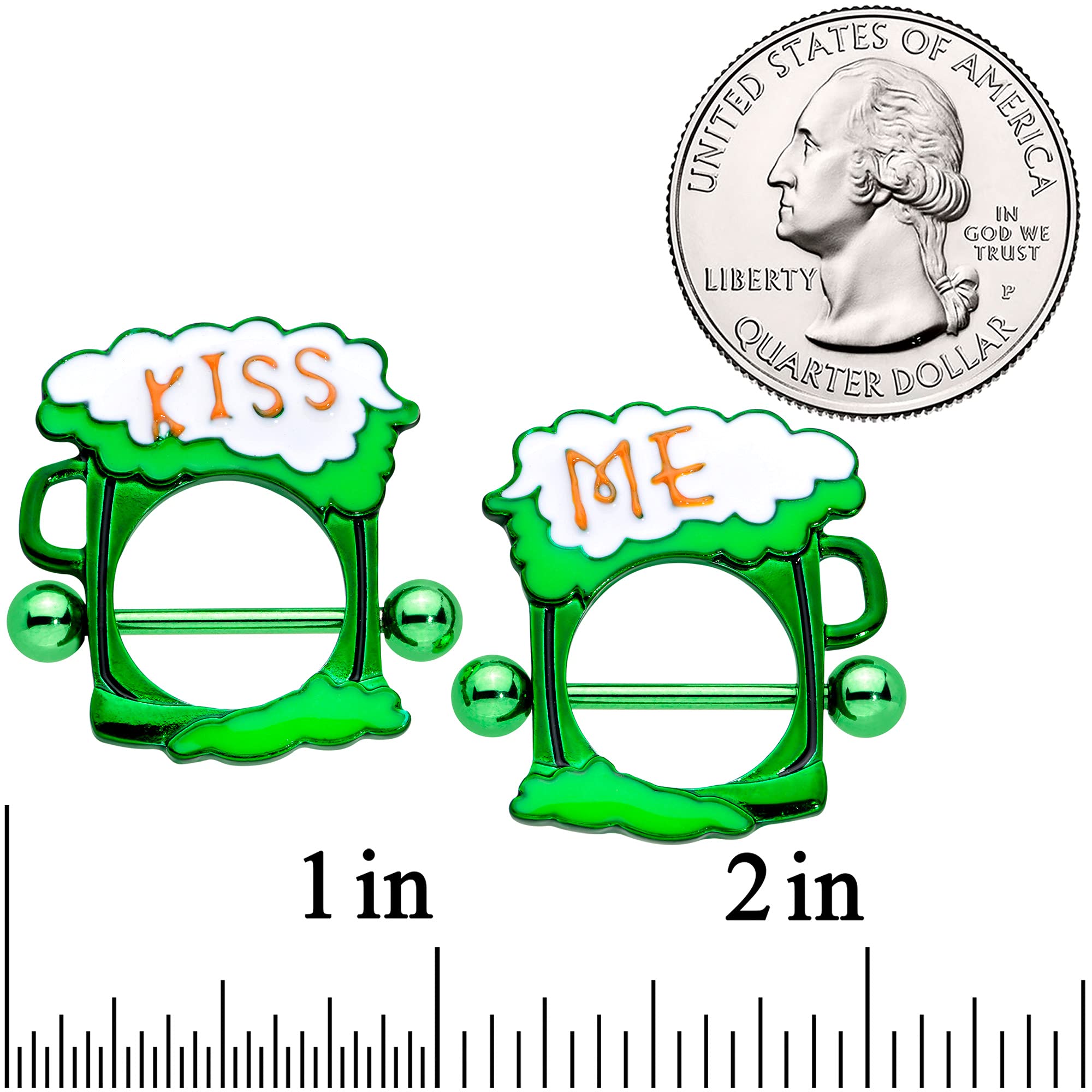 Body Candy 2Pc 14G Nipplerings Piercing Women 316L Green Kiss Me Beer Nipple Shield Nipple Ring Set 14mm