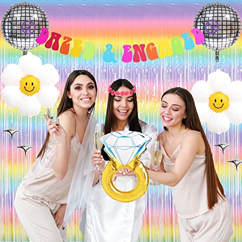 Dazed and Engaged Bachelorette Decorations, Fiesec Hippie Groovy Retro Bachelorette Decorations Tie Dye Fringe Curtain 4D Disco Sparkle Daisy Ring Foil Balloon Flower Headband