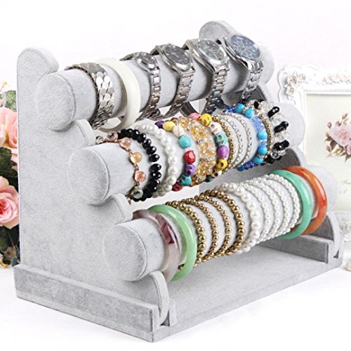 Wudygirl Triple Bracelet Holder Jewelry Display Stand Watch Bangle Bar Necklace Storage Organizer Gray (Ice Velvet 3 Tier)
