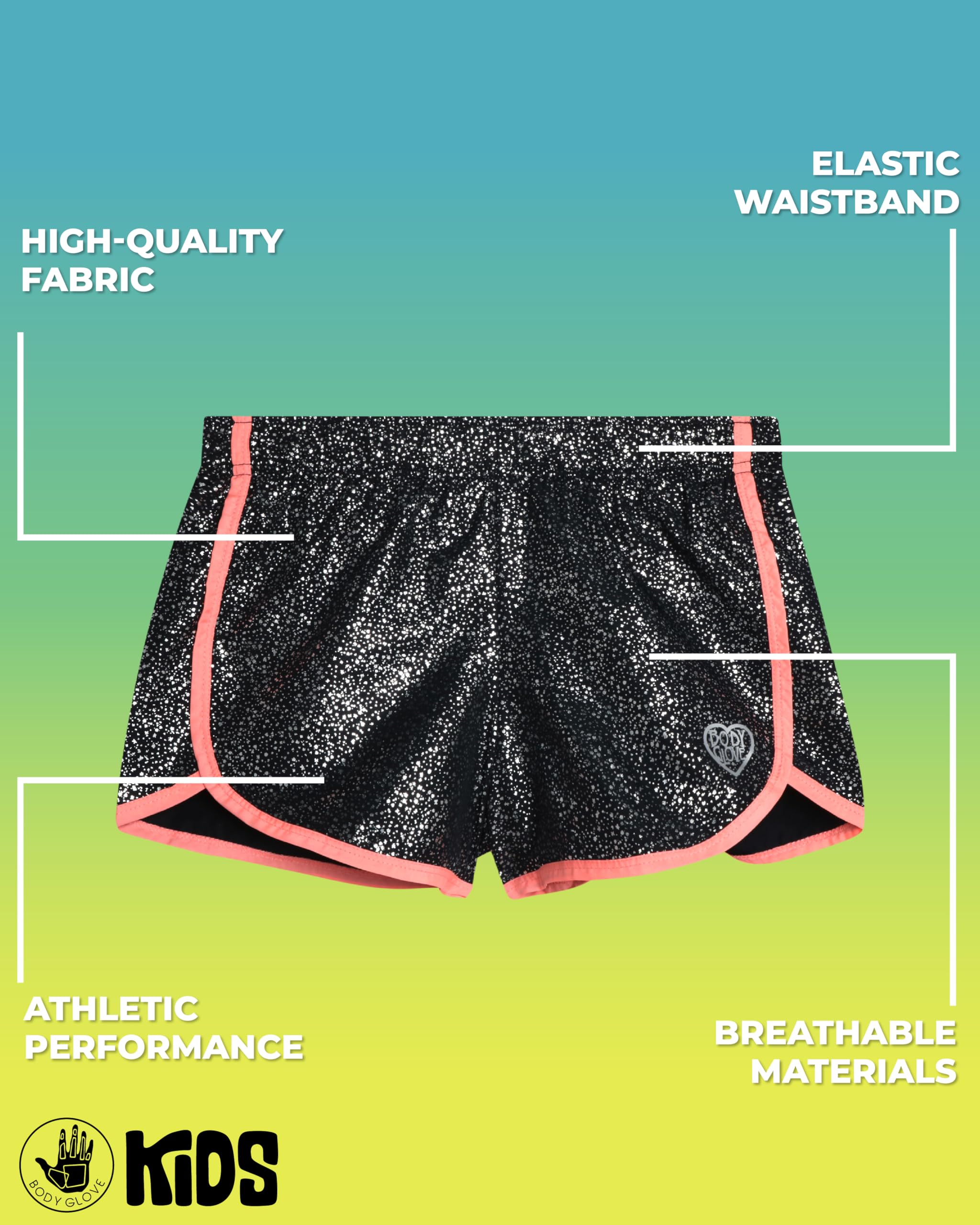 Body Glove Girls Shorts 4 Pack Athletic Performance Dry Fit Dolphin Gym Shorts, Scrunchie (7-12), Size 8, Tie DyeBlackCharcoal