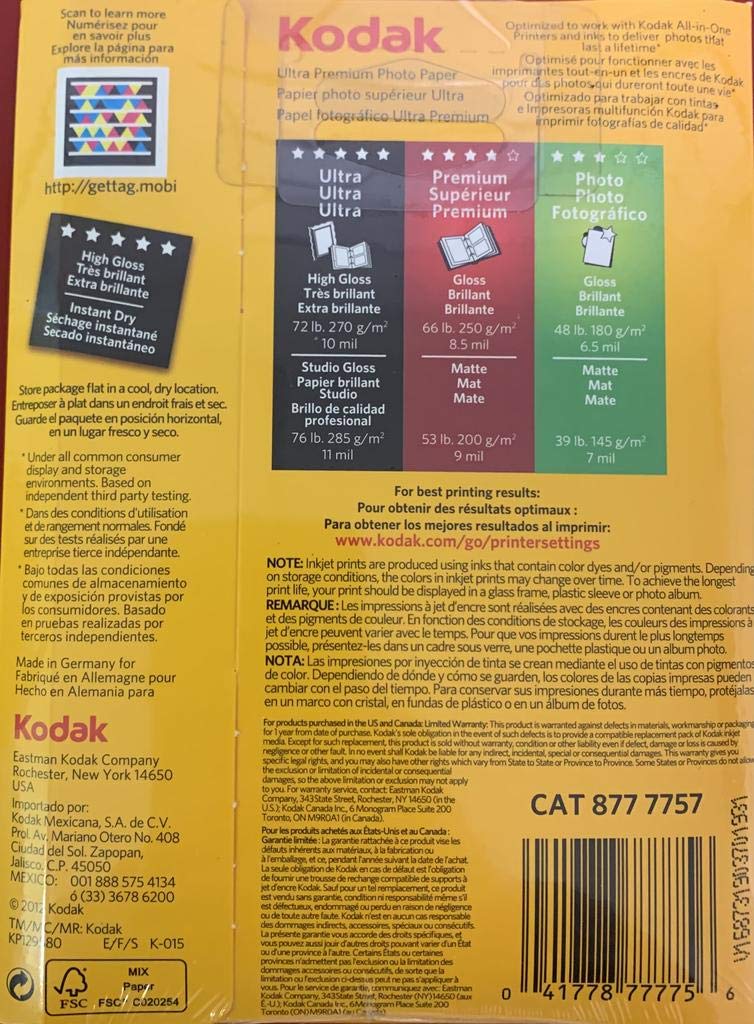 Kodak Ultra Premium photo paper 4 x 6 glossy, (NOT FOR DOCK PRINTERS) 20 count 74 lb - 280 g/m (41150-8777757) Not compatible with Kodak Dock Printers.