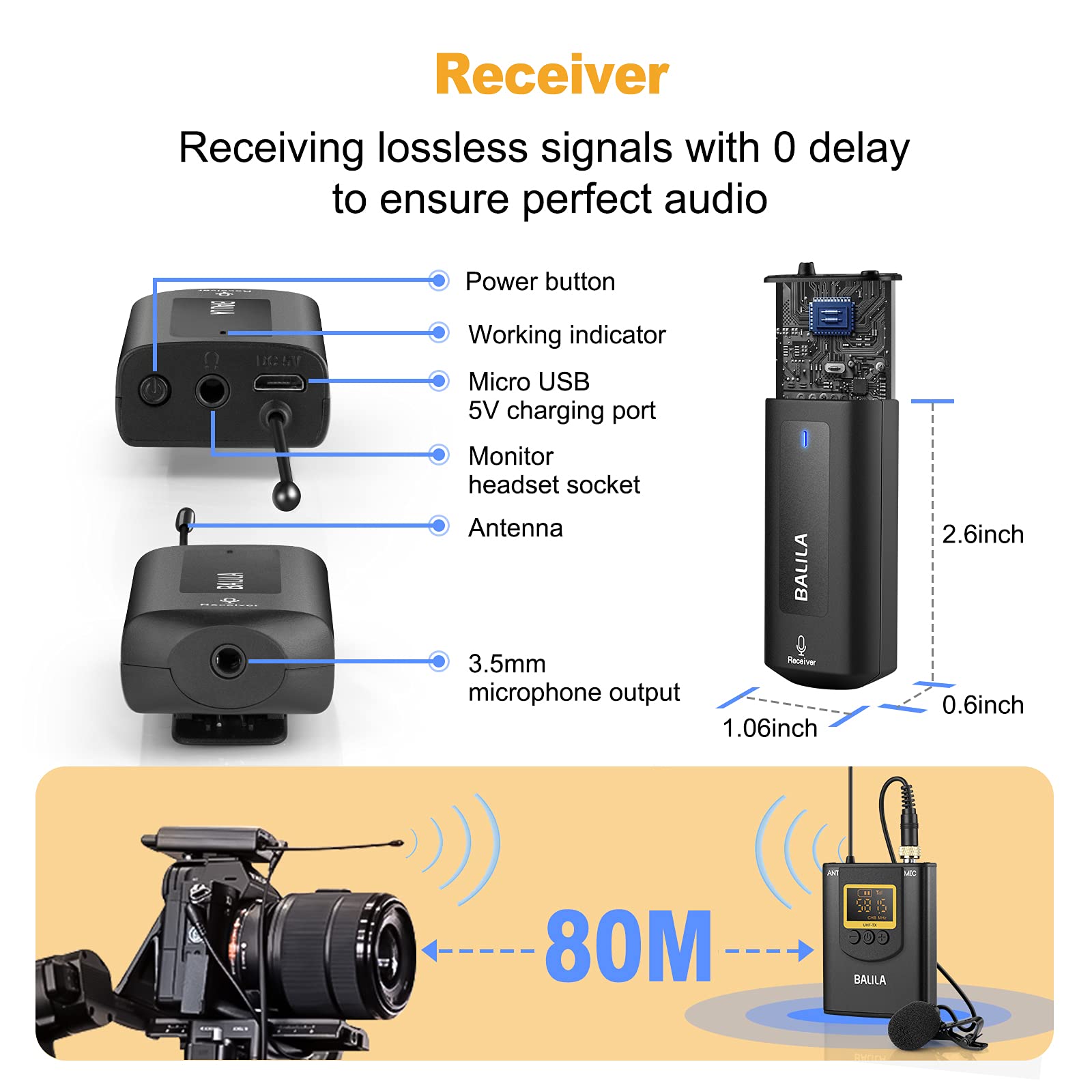BALILA Wireless Lavalier Microphone System UHF Dual Lavalier Mic Lapel Microphone for iPhone/Android, DSLR Camera Microphone Real-time Audio Monitor Recording Vlog (1T1R)