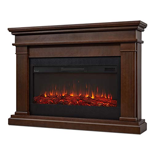 BOWERY HILL Traditional Solid Wood Electric Fireplace Mantel Heater with Remote Control, Adjustable Led Flame, 1500W in Dark Walnut