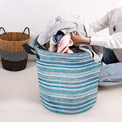 Collapsible Laundry Baskets Ocean Dye Wave Strips Waterproof Laundry Hamper with Handles Teal Blue Round for Dirty Clothes,Kids Toys,Bedroom,Bathroom
