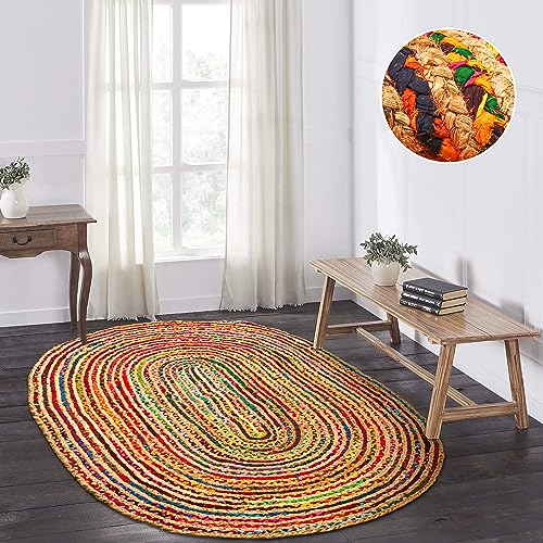 Chindi Rug Oval Rugs 4x6 Feet - Braided Rug Multi Color Rug No Slip Rug - Reversible Natural Fiber Rugs Oval Area Rug Colorful Outdoor Rug for Living Room Home Decor- Colorful Rugs for Living Room