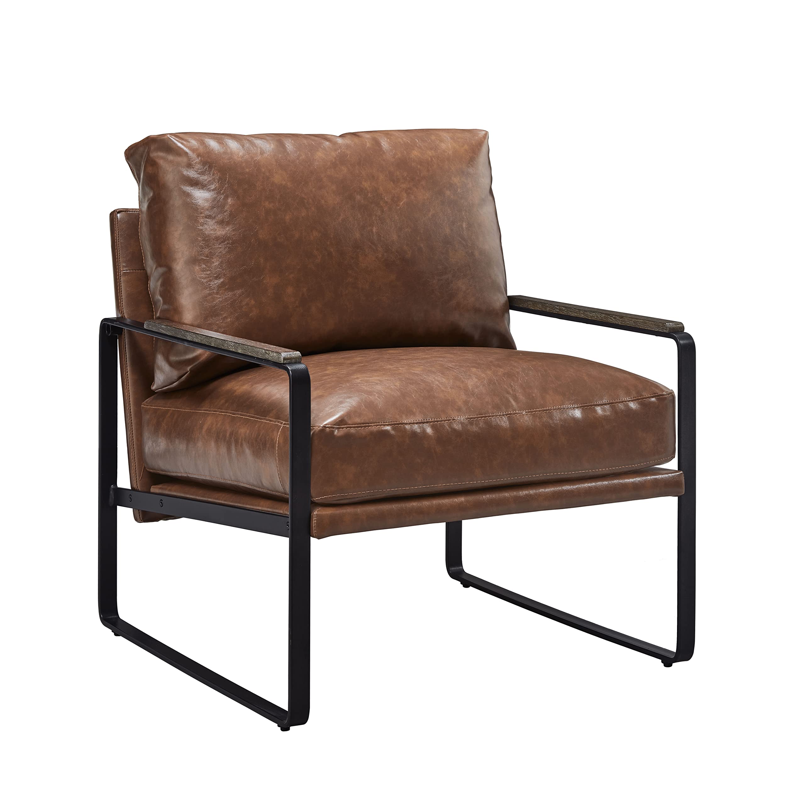 Ball & Cast Mid Century Accent Chair Faux Leather Strap Armless Lounge Chair with Metal Frame, Brown