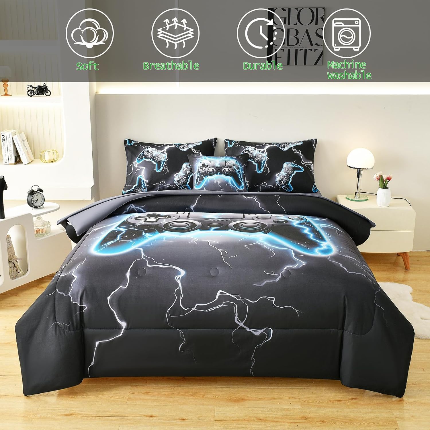 DORCAS Twin Comforter Set with Sheets for Boys,Twin Gamer Bedding Set Black 6 Pcs Game Console Boys Comforter Sets Twin for Kids Teens,Microfiber Boys Gaming Bed Set for All Season Use(Black,Twin)