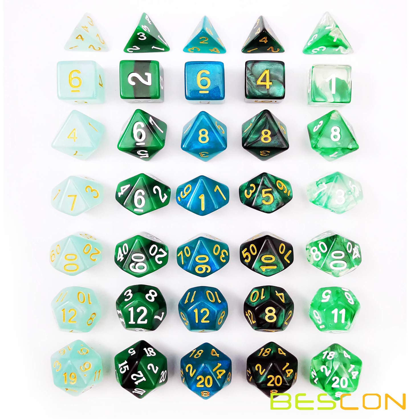 Bescon 35pcs Polyhedral RPG Dice Emeralds Set, DND Role Playing Game Dice Green Sets 5X7pcs