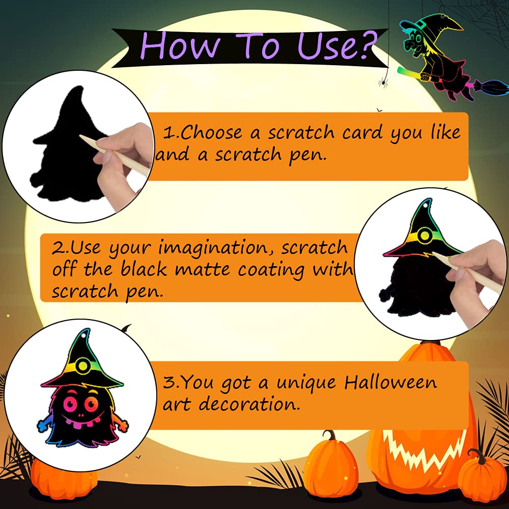 Mocossmy Halloween Magic Scratch Cards,24PCS Skeleton Spider Witch Pumpkin Rainbow Scratch Paper Scratch Art Crafts & Scratch Sticks & Ribbons Set for Kids St Patrick's Day Party Favor Supplies Games