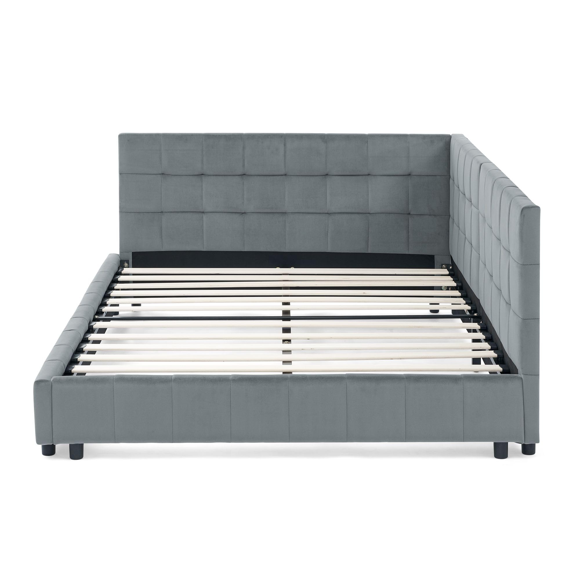 DEINPPA Full L-Shape Corner Bed Frame, Velvet Upholstered Tufted Daybed with Slat, Floor Platform Bed with Soft Headboard for Bedroom Nook, No Box Spring Needed-Black