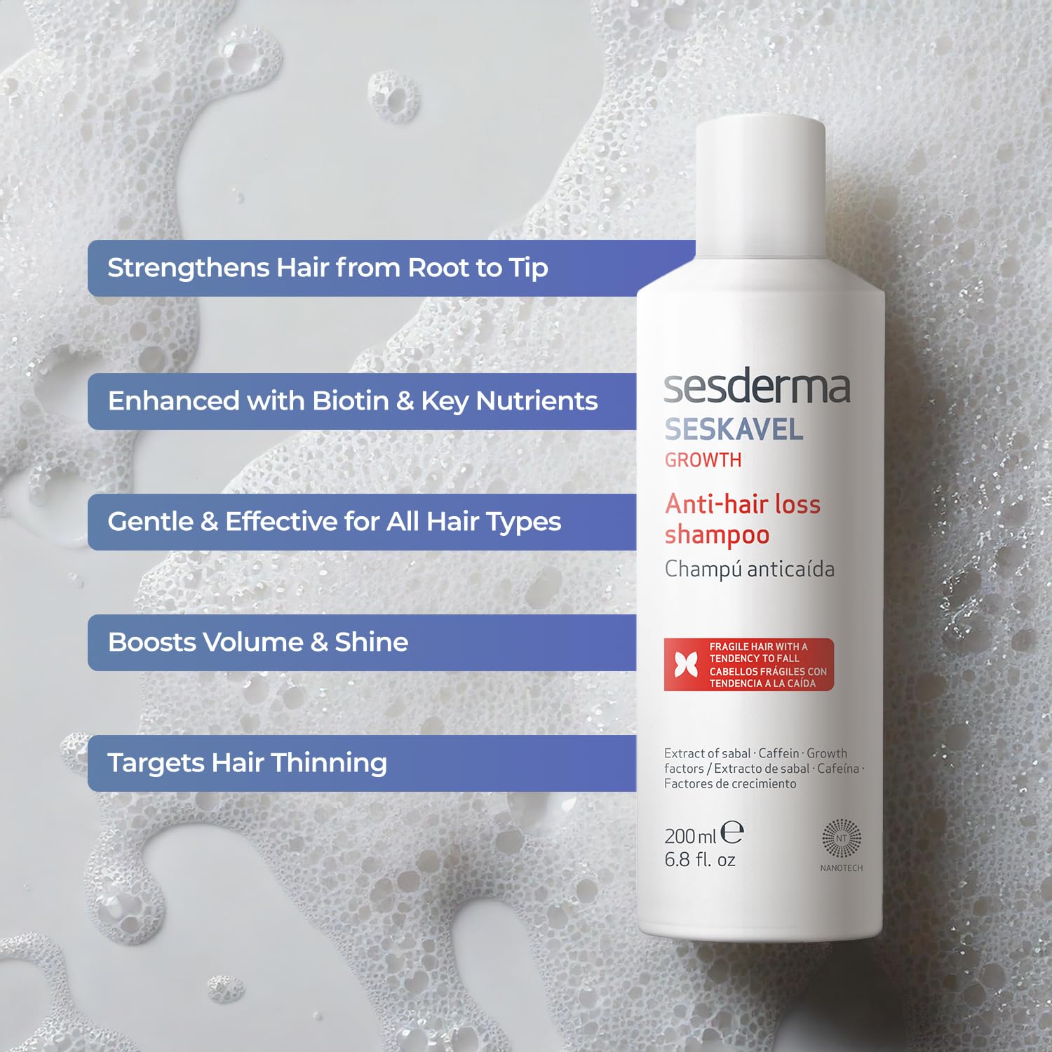 Sesderma SESKAVEL Strengthening Hair Shampoo for Thinning and Fragile Hair 6.8 fl. Oz