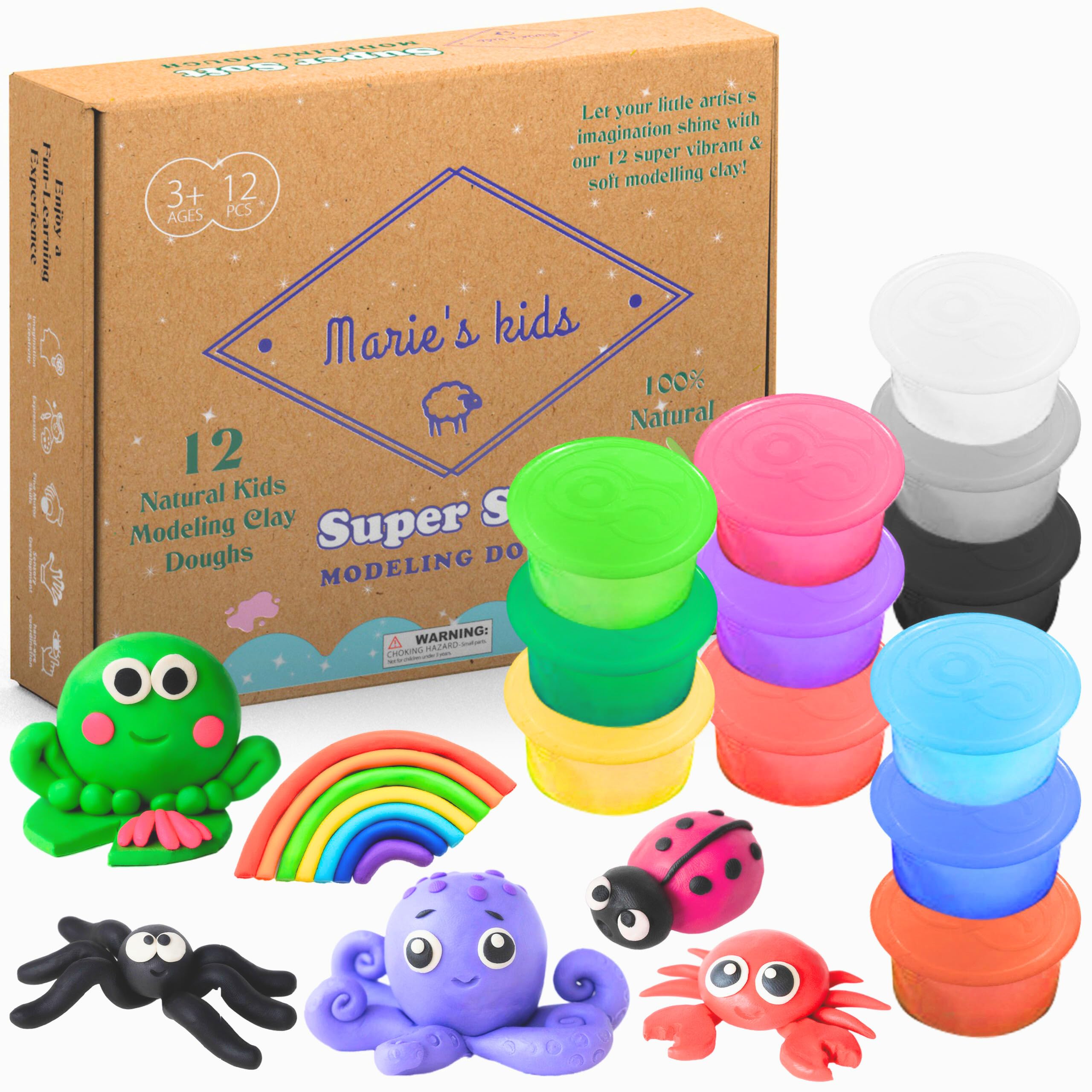 Modeling Clay for Kids - 6 Super Soft & 100% Natural Kids Modeling Clay Doughs Made from Wheat Flour - 100g Per Can of Reusable & Vibrant Kids Clay Modeling Kit for Ages 3+ by Marie’s Kids
