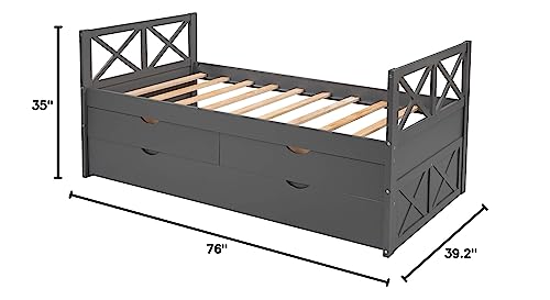 GLORHOME Twin Platform Bed,Multifunctional Wood Storage DayBed Sofa Bed Frame with Trundle and Two Drawers for Living Room Bedroom, Grey