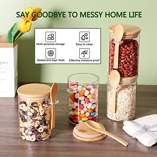 CZFWin Glass Jars with Bamboo Lids and Wooden Spoons Set of 4, Coffee Tea Sugar Container Set for Loose Tea Canister Storage, Overnight Oats Containers with Scoop for Seasoning, Coffee, Yogurt