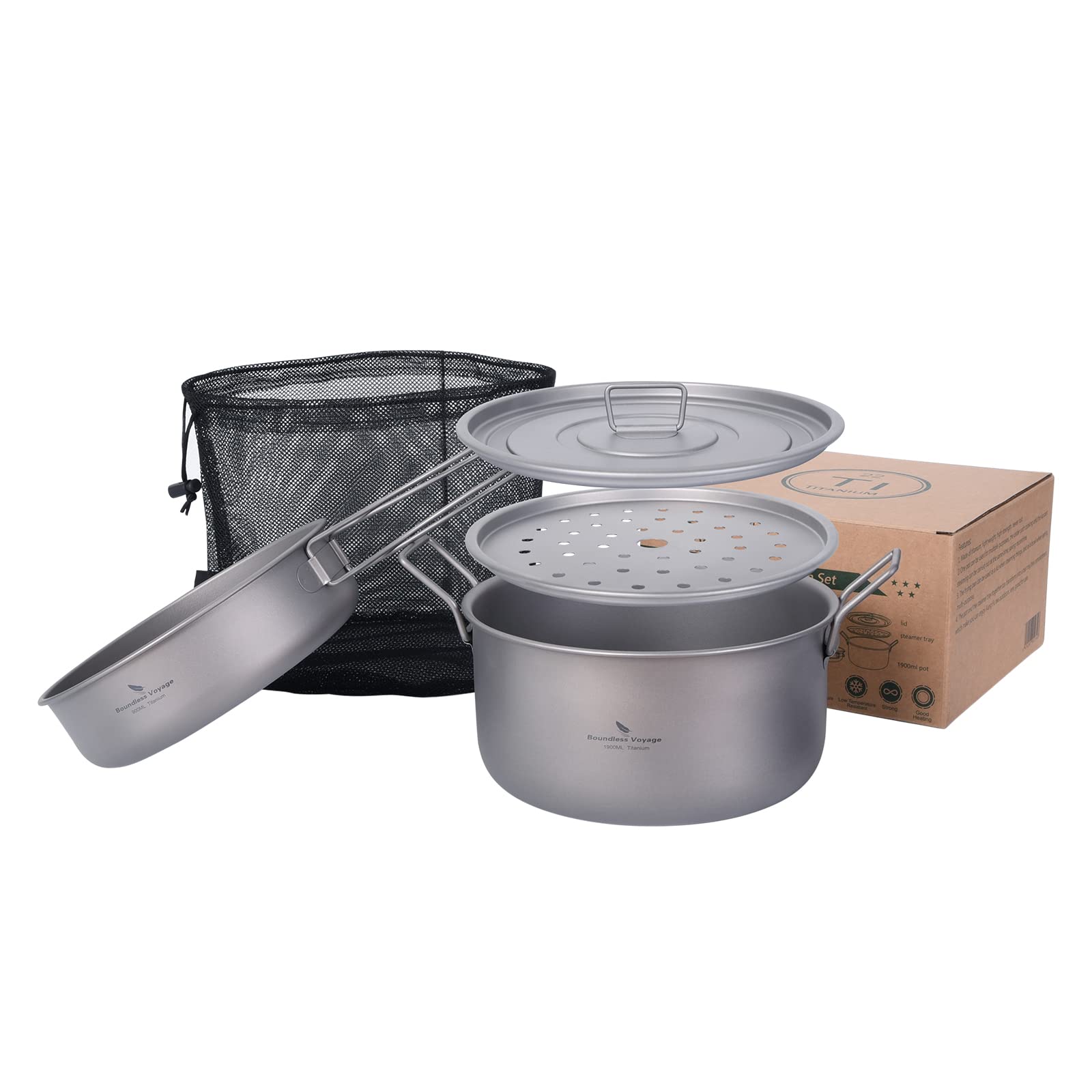 Boundless Voyage Titanium Steamer Pot Frying Pan Set with Lid Outdoor Camping Saucepan Mess Kit Multifunctional Cooking Pot Ti2057C