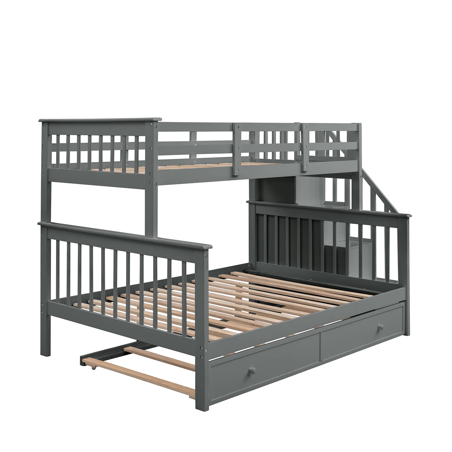 Twin Over Full Bunk Bed with Stairs and Trundle Wood Stairway Bunk Beds with Storage Shelf for Kids Boys Girls Teens, Gray