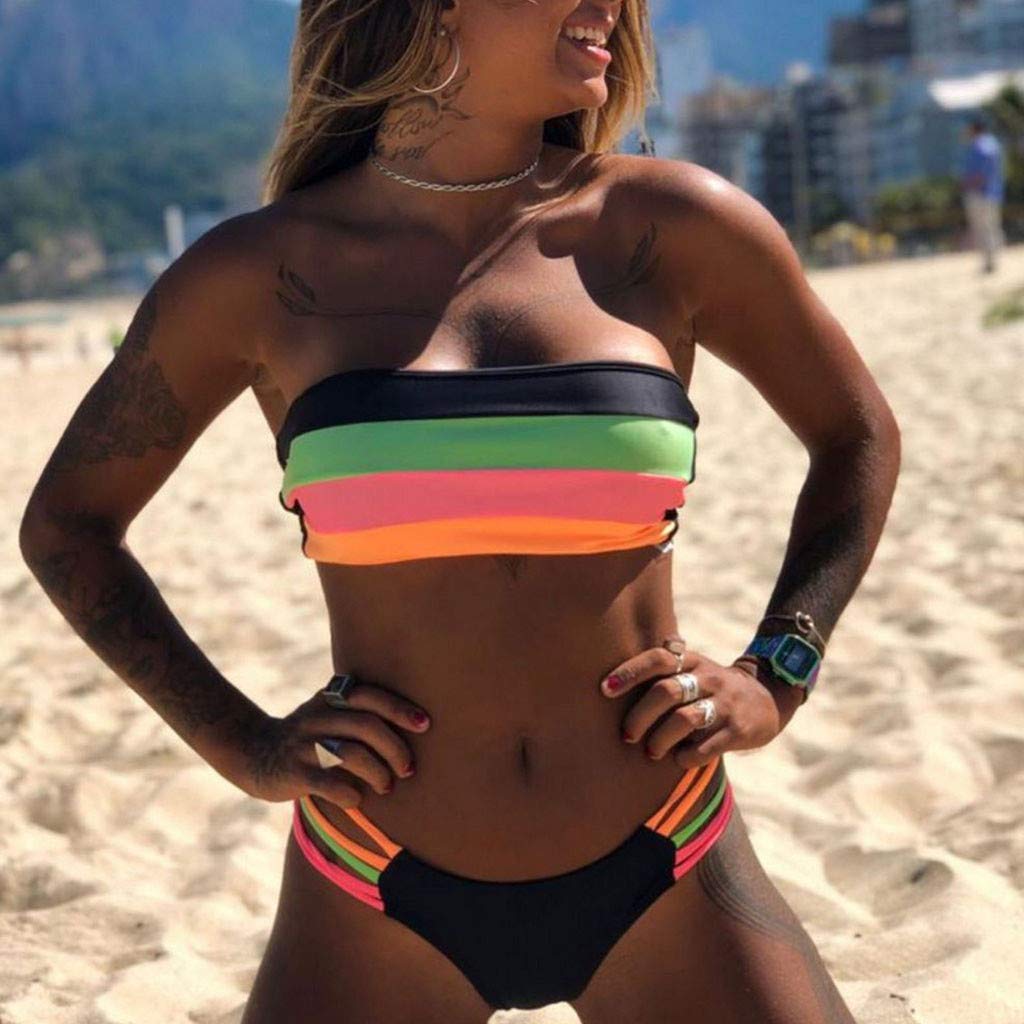 Padaleks Women's Striped Color Block Bandeau Bikini Set High Cut Strapless Swimsuit Sexy Bathing Suit Beachwear