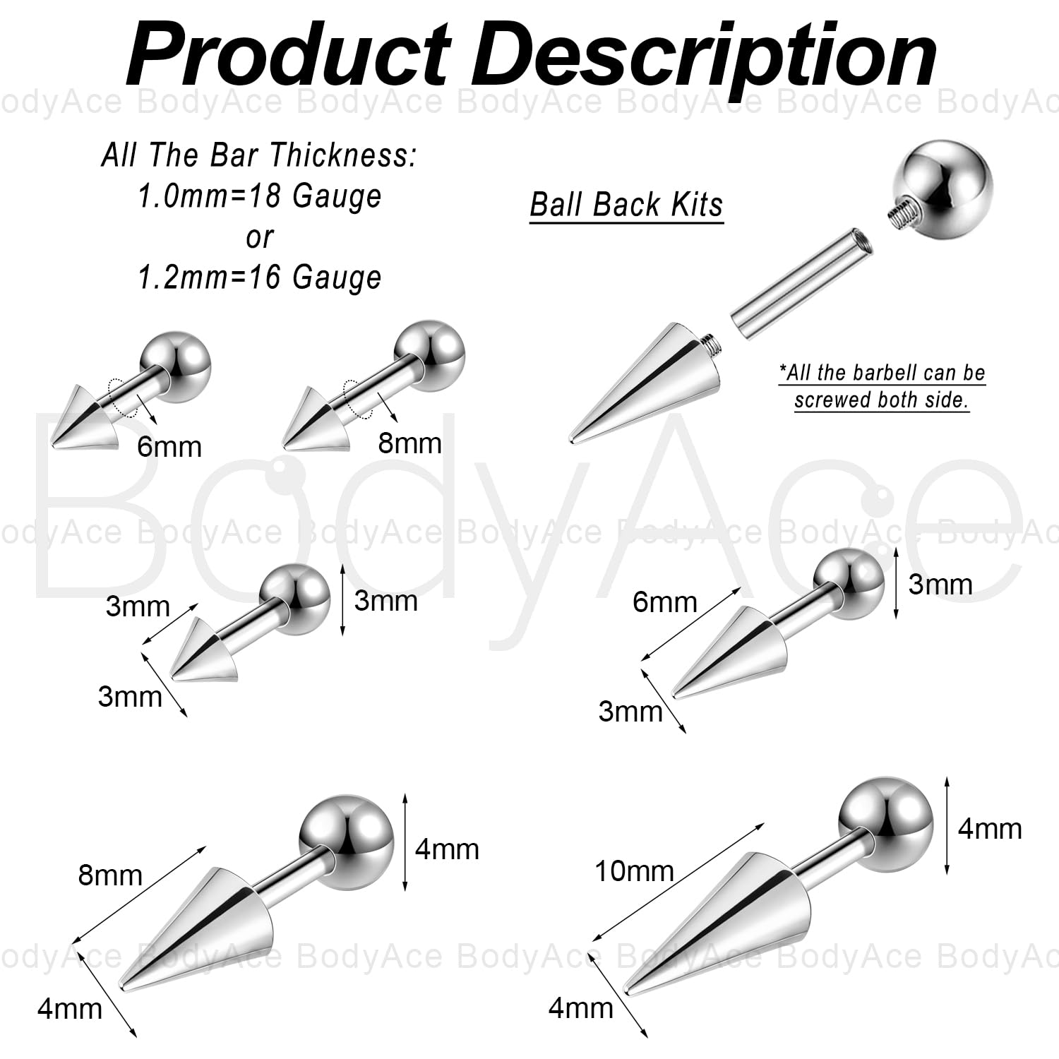 BodyAce Spike Flat Back Earrings Lip Rings, Internal Threaded Spike Helix Tragus Studs 16G 18G Cartilage Earrings, Rook Lobe Lip Piercing Ear Jewelry [A]