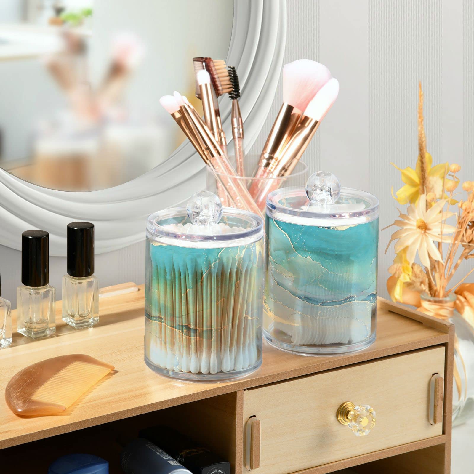 Turquoise Gold Splash Marble Qtip Dispenser Apothecary Jars Bathroom Qtip Holder Storage Canister Plastic Jar 10 Oz for Cotton Ball Swab Round Pads Floss 2pcs