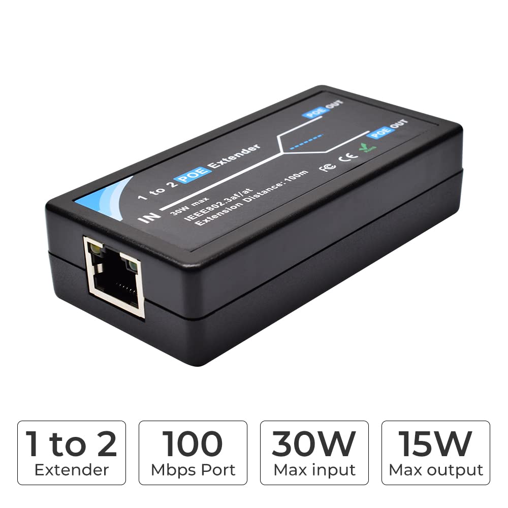 BeElion 1Port POE Extender Plug&Play 10/100Mbps with IEEE 802.3at/af Standard for IP Camera Extend 100-120 Meters POE Network Devices (1In/1Out PoE Extender)