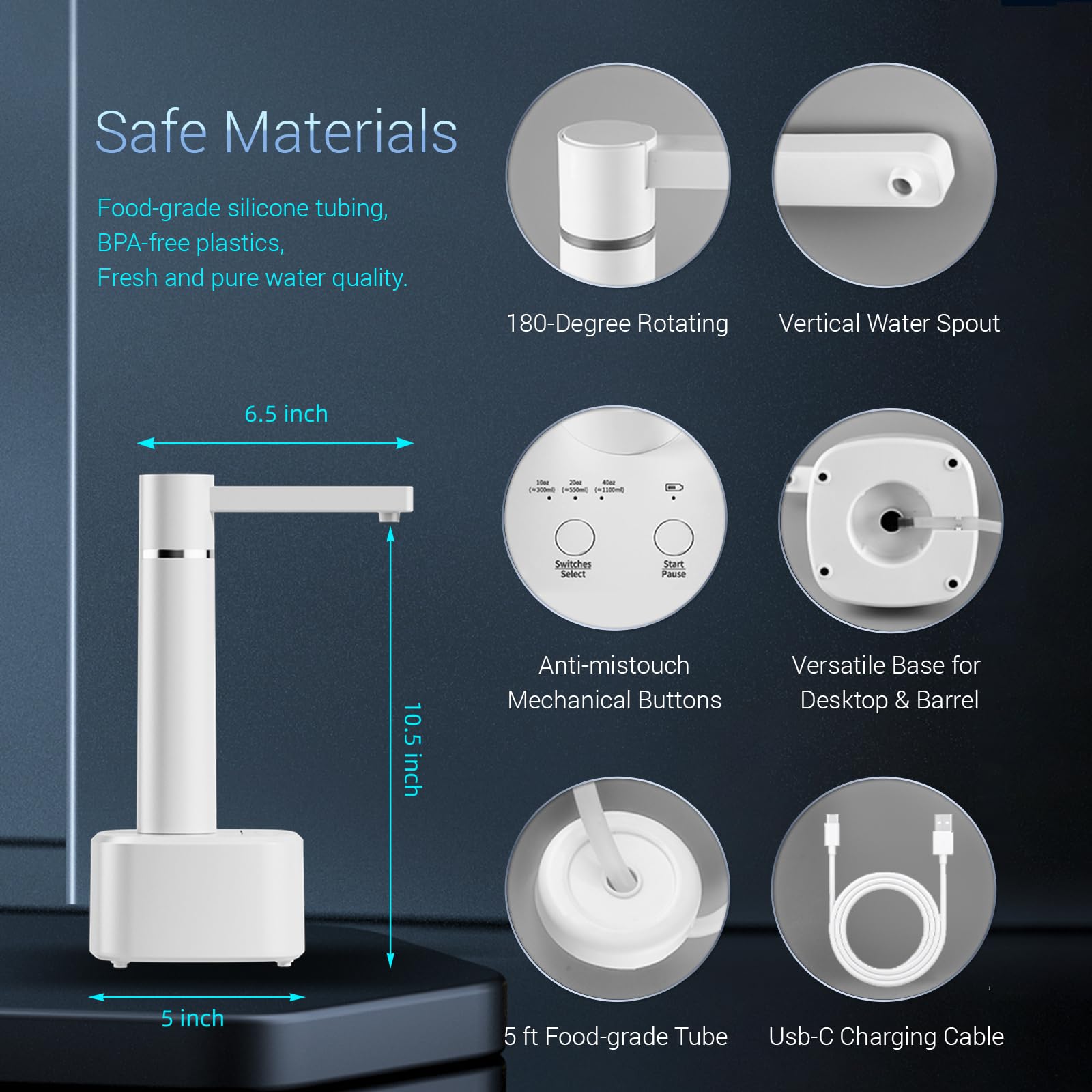 Desktop Water Dispenser for 5 Gallon Bottle,Desktop and Barrel Use,USB-C Charge. Automatic Water Pump