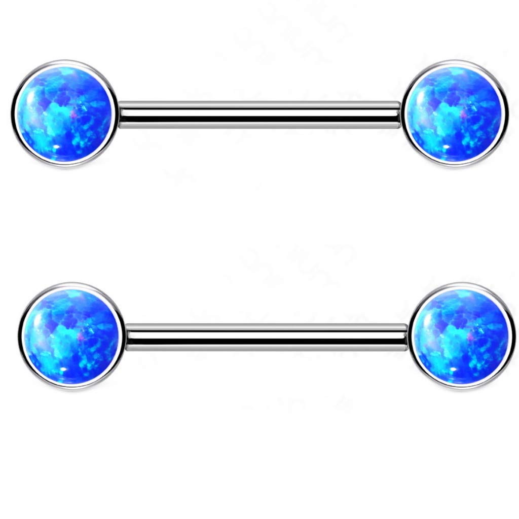 BODY DAZZ Pair of 14G Threadless Push-in Bezel Synthetic Opal End G23 Titanium Nipple Ring Barbells (Blue, 12)