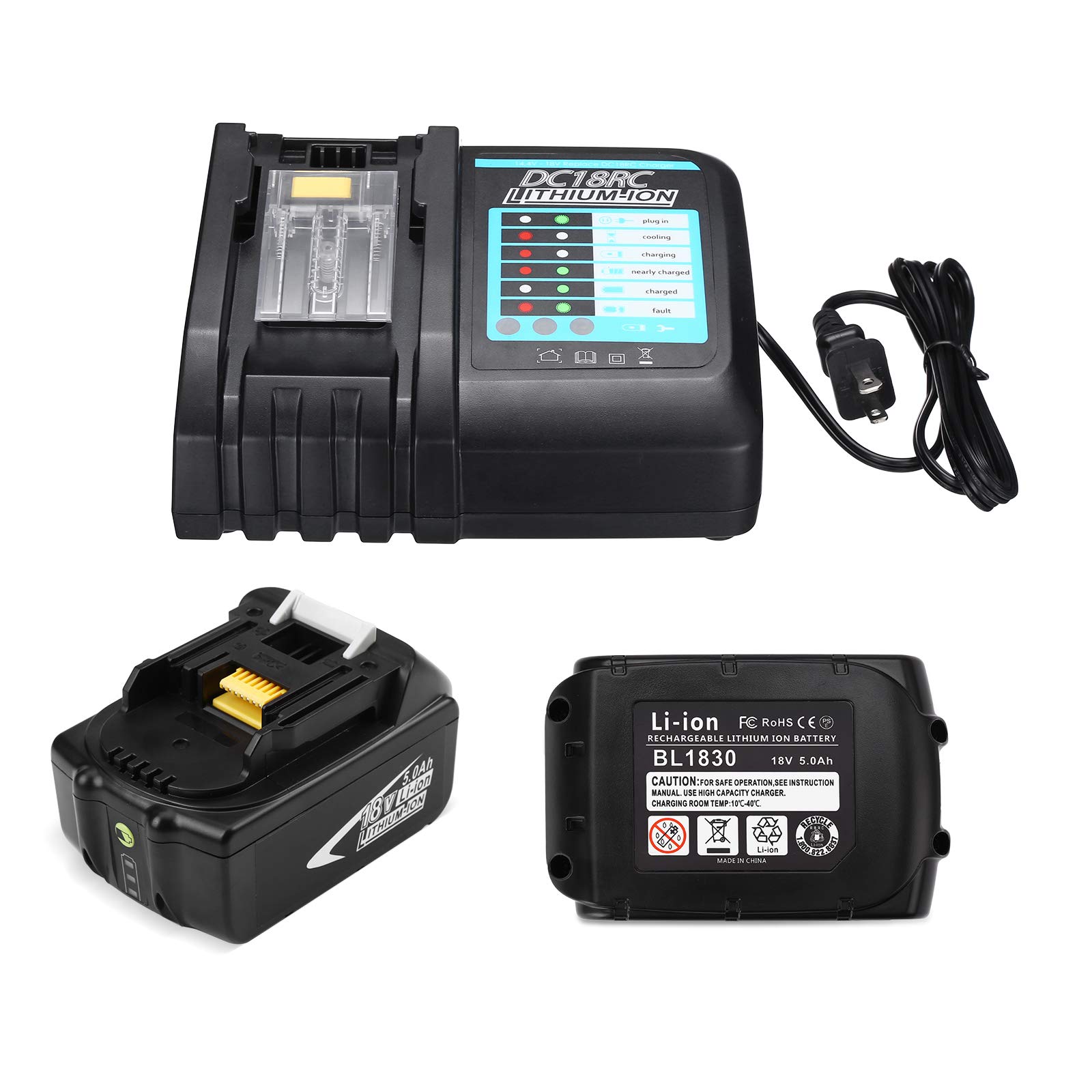 BL1830 Replacement Battery(2 Pack) 18V Li-ion 5000mAh Compatible with 194205-3 BL1815 BL1830 BL1845 LXT400 and DC18RC Replacement Fast Charger Compatible with Makita 14.4/18V Li-ion Battery