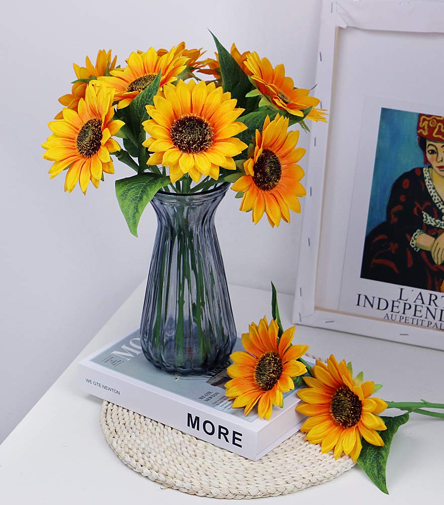 Olrla Artificial Sunflowers with Stems,10pcs Faux Silk Sunflower Bulk for Wedding Bouquet Floral Arrangement Table Centerpieces Home Office Garden Decoration