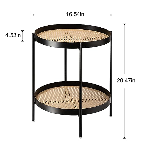 danpinera Black Side Table, 2 Tier Removable Tray Imitation Rattan Table for Living Room, Small Round Table for Bedroom, Small Metal Table for Nightstand 20.47 Inch x 16.54 Inch
