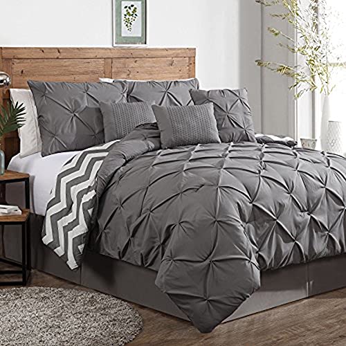 Avondale Manor 7-Piece Ella Comforter Bed Set - Reversible Ultra-Soft Pinch Pleat Grey Bedding Comforter Set with 3 Decorative Pillows for Queen Bed, Hypoallergenic, 7 Pieces, Queen Grey