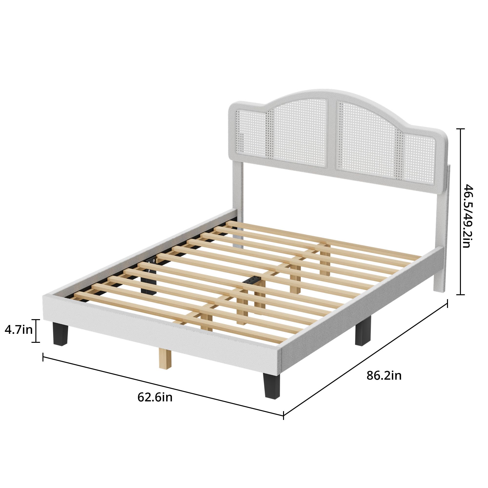 Cozy Castle Rattan Queen Size Bed Frame with Adjustable Headboard and Sturdy Slats Support, Boho Queen Platform Bed Frame, No Box Spring Needed, White