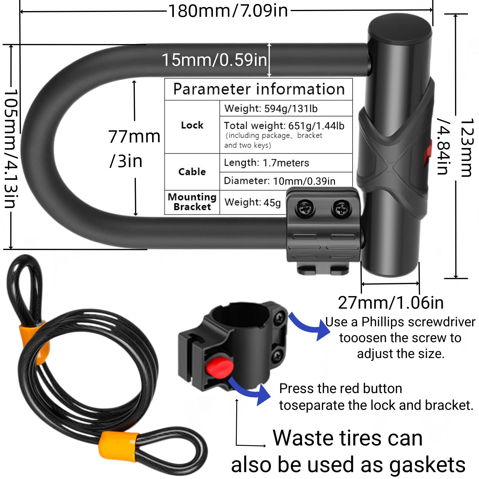 BABEIYXM Bike U Lock - Heavy Duty Security U Cable Bike Lock with 5.5ft/1.7m Bike Cable and Sturdy Mounting Bracket for Road Bikes, Mountain Bikes, E-Bikes, Folding Bikes, Dustproof and Waterproof