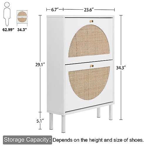 Goderfuu Rattan Shoe Cabinet with 2 Flip Drawers, Shoe Rack for Entryway Shoe Storage Cabinet, 2 Tier Small Shoe Cabinet Slim Shoe Storage Cabinet, White Shoe Cabinet for Heels, Boots, Slippers