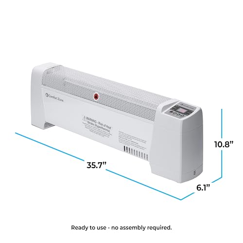 Comfort Zone Baseboard Space Heater with Digital Thermostat, Electric, Dent-Proof End Panels, Overheat Protection, Tip-Over Switch, & Stay-Cool Body, For Home, Bedroom, & Office, 1,500W, CZ650BWT