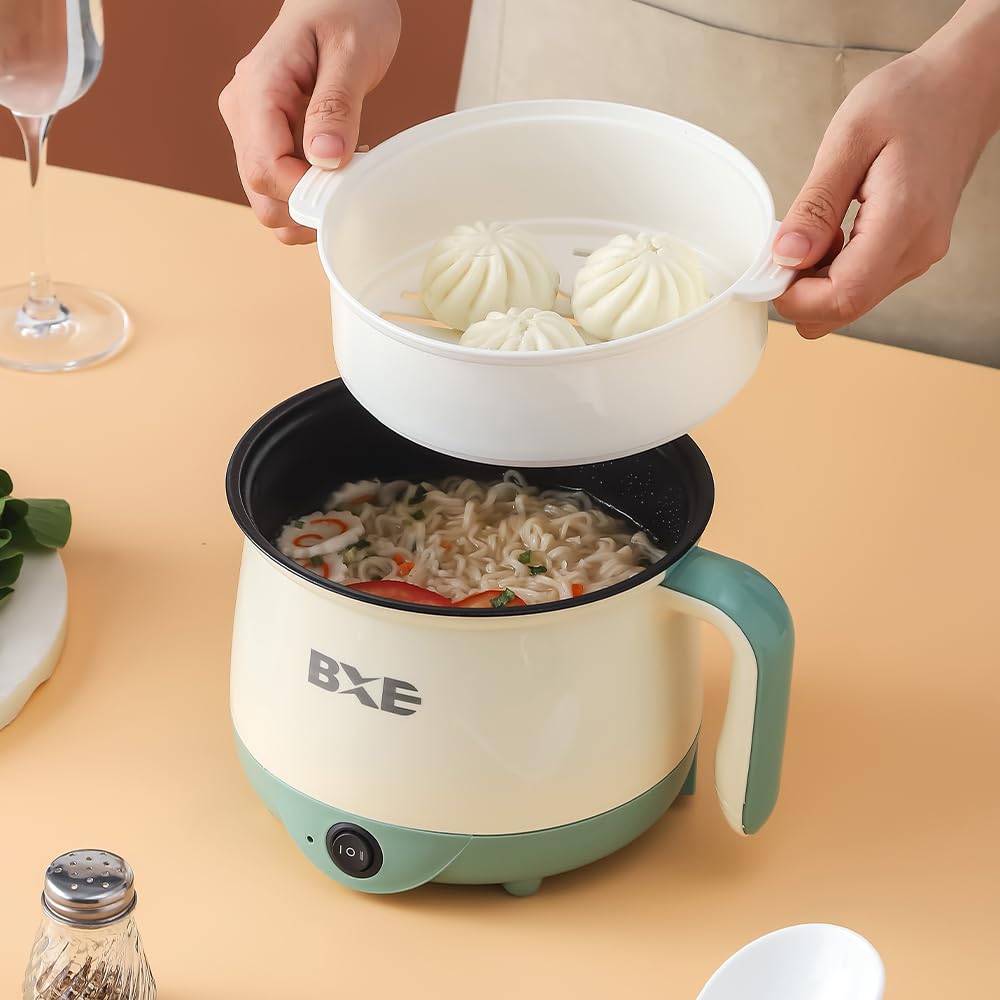 BXE 6-in-1 kitchen Electric Electric Hot Pot, Portable Multi Functional Travel Cooker Auto Power Off Rapid Heating Compact and Portable ,1.5L Rapid Noodles Cooker, Non-Stick Electric Pot Perfect for