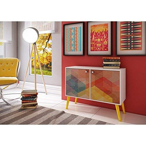 Manhattan Comfort Avesta Double Side Table 2.0 Collection Free Standing Modern Side Table / TV Stand with Storage Includes 2 Doors with 3 Shelves and Features Splayed Legs, White/Stamp/Grey Legs