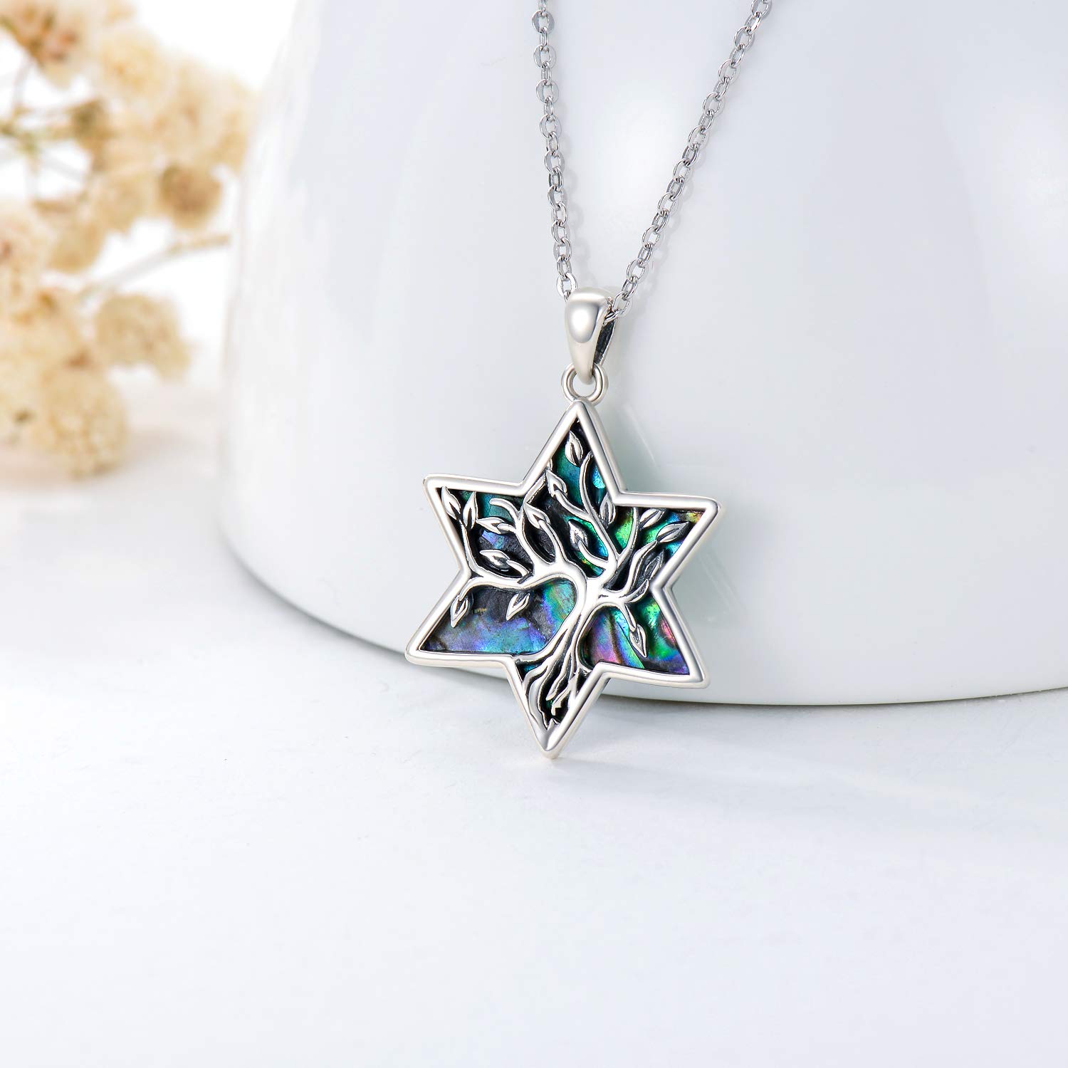 ONEFINITY Tree of Life Necklace 925 Sterling Silver Abalone Shell Star of David Pendant Necklace for Women Jewelry