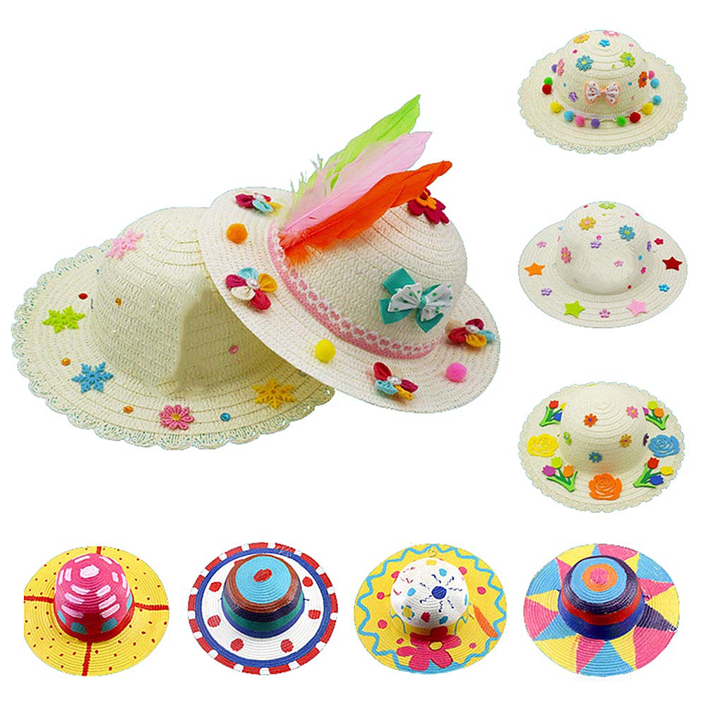 Only Lovuu 10Pcs DIY Straw Hats Set, 5 Laciness White Straw Hats + 5 Round White Straw Hats for Kids Creative Art Painting & DIY Tea Party Dress Up Hats