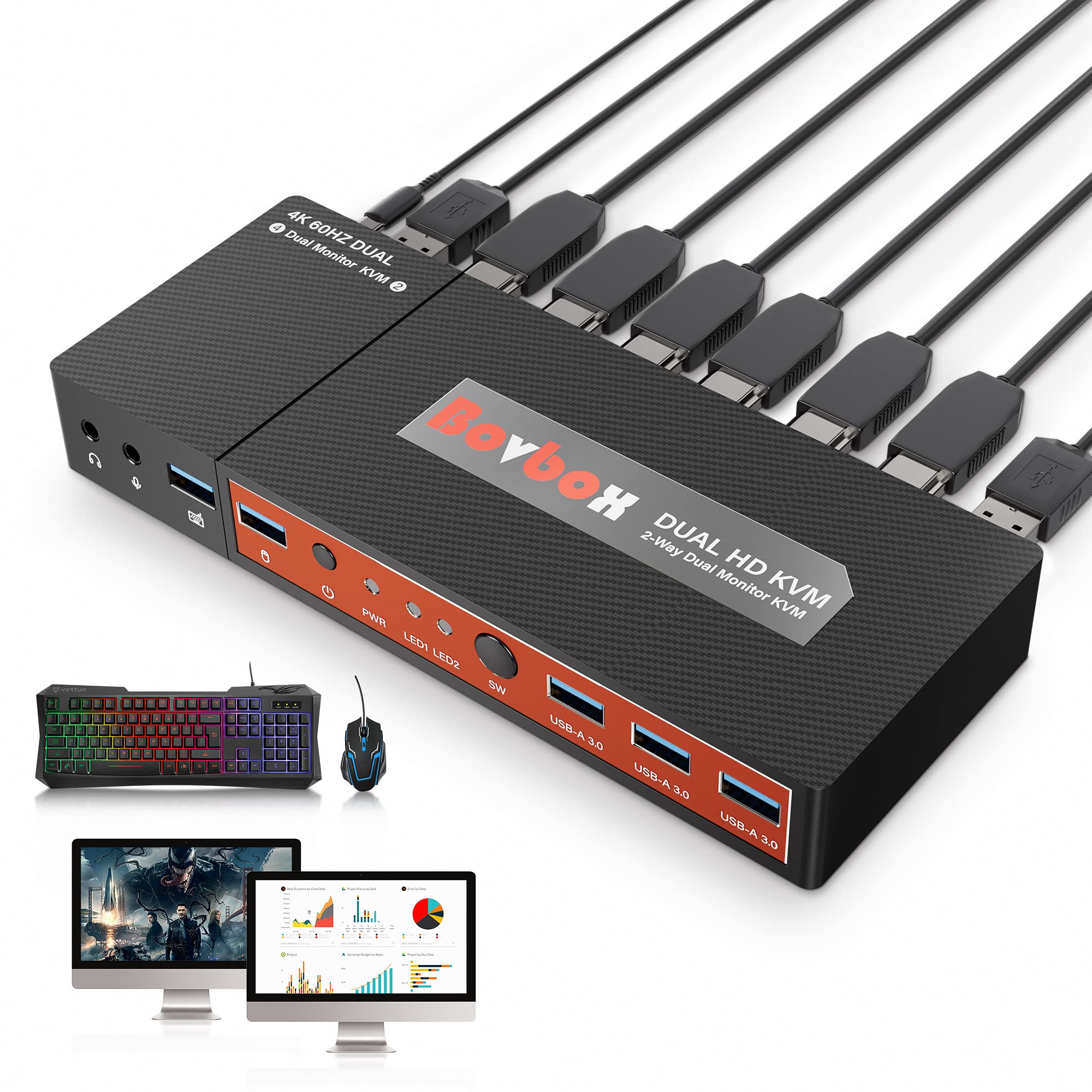 BovBox KVM Switch DisplayPort, HDMI KVM Switches 2 Port Dual Monitor Extended Display, 4K@60Hz 4:4:4 KVM Switch 2 Monitors 2 Computers with 3 USB 3.0 Hub, Audio, Hotkey & Button Switching