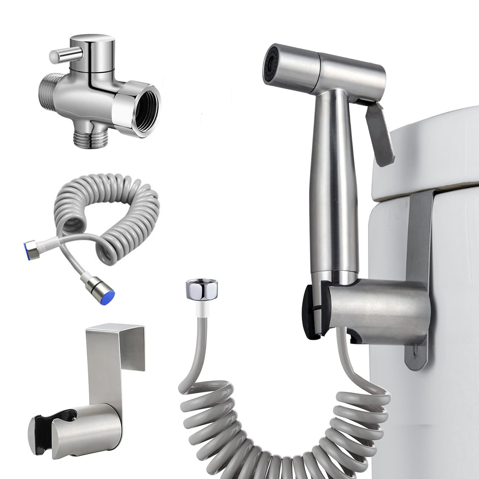 ELINKUME Handheld Bidet Sprayer for Toilet Kit,Stainless Steel Spray Attachment Set with 3 Way Valve,Hand Held Diaper Sprayer Head for Personal Hygiene Pet Bathing with Retractable Spring Hose