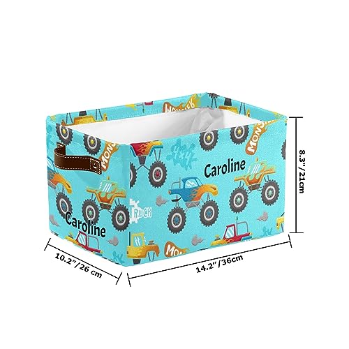 Blue Monster Trucks Personalized Storage Bins Baby Shelf Basket Custom Organizer with Handle for Bedroom Nursery Toy 1 Pack
