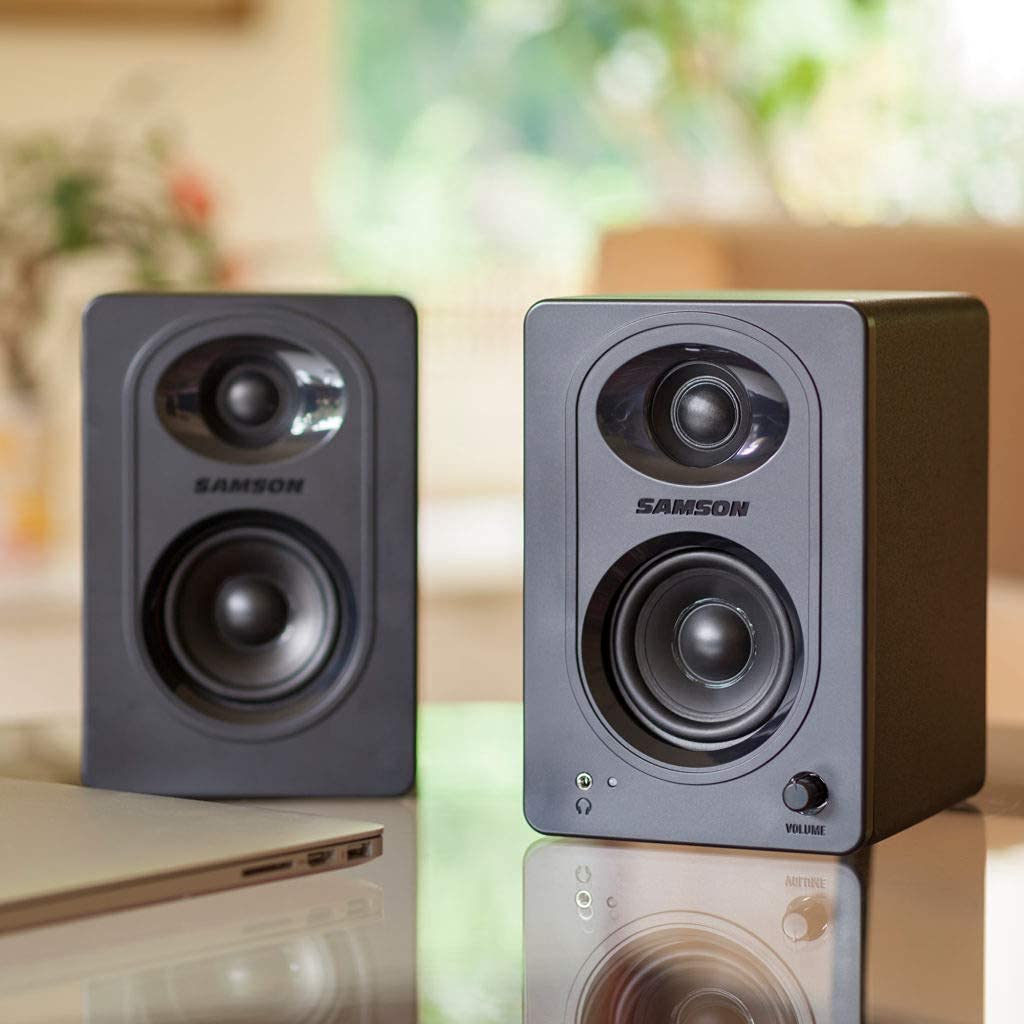 Samson MediaOne M30 3" Powered Studio Monitors with 3.5mm Outputs (Pair) Bundle with Blucoil Acoustic Isolation Pads (2-Pack), 12" Acoustic Wedges (4-Pack), and 5' Audio AUX Cable