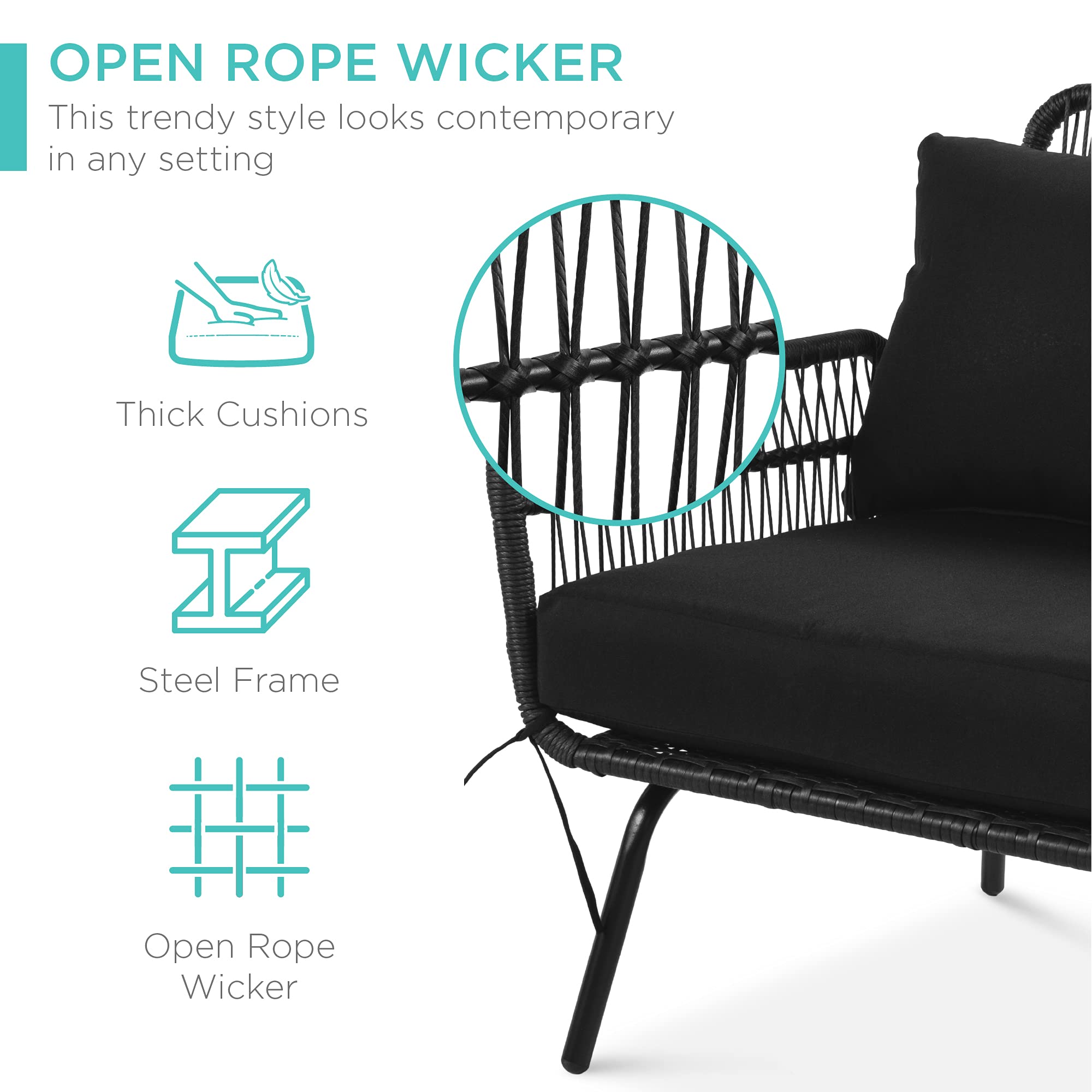 Best Choice Products Outdoor Rope Woven Sectional Patio Furniture L-Shaped Conversation Sofa Set for Backyard, Porch w/Thick Cushions, Detachable Lounger, Side Table - Black