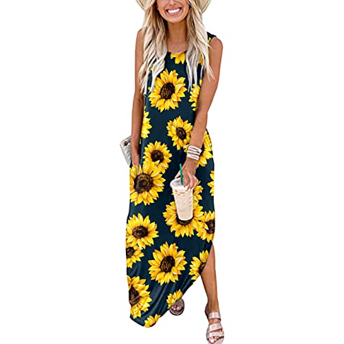 Bodycon Women Summer Spring Maxi Dress O Neck Sleeveless Split Long Boho Pockets Beach Tank Night Side Slit Yellow
