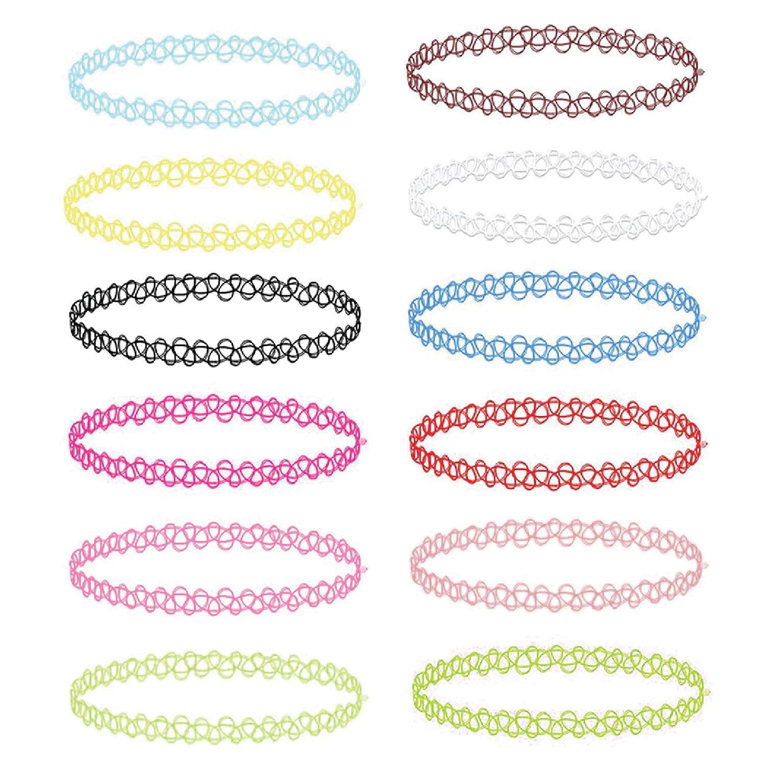 BodyJ4You 12PC Tattoo Choker Necklace Set - 90s Accessories 80s Old School 2000s Jewelry - Vibrant Pink Blue White Green Black - One Size Women Teen Girl - Stretchy Multicolor Collar