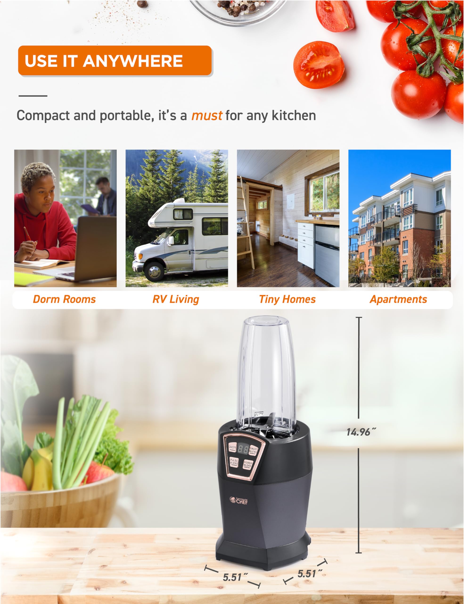 COMMERCIAL CHEF Personal Blender with 3 Modes, Blender for Smoothies, Shakes & More with 6 Stainless Steel Blades, 1000W Small Blender with LED Display