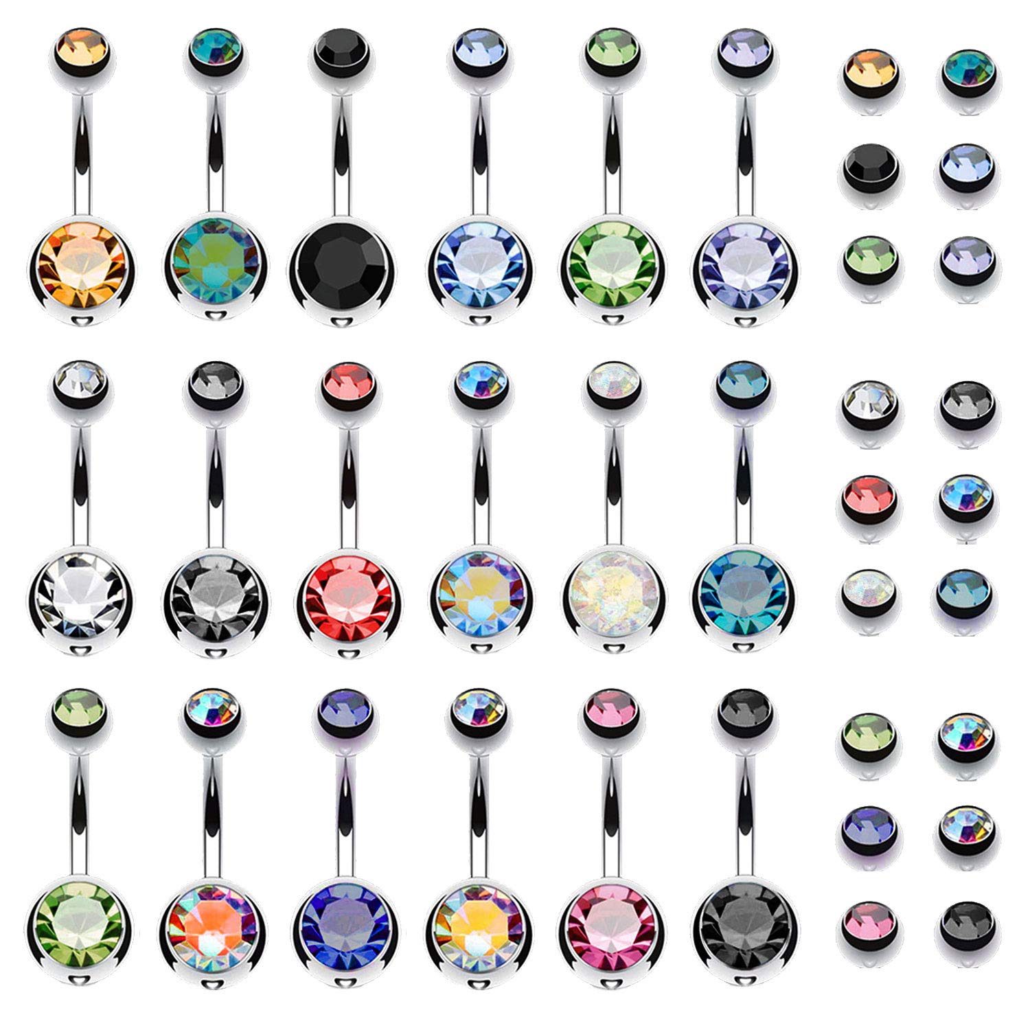 BodyJ4You 18PC Belly Button Rings Set - 14G Surgical Stainless Steel - Shiny CZ Crystals Clear Pink Aqua Black - Replacement Extra Pack - Women Girls Body Piercing Jewelry